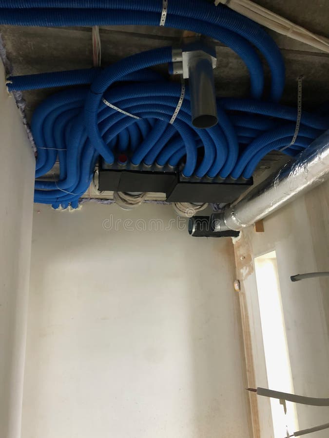 HVAC System Installation with Blue Ducts Stock Photo - Image of gray ...