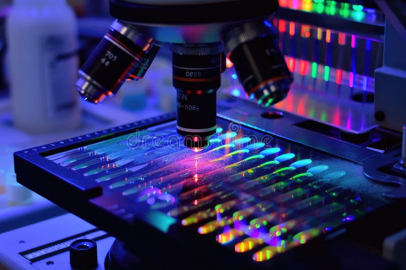 The Image Shows a Close-up of a Microscope with a Glowing Red Laser ...