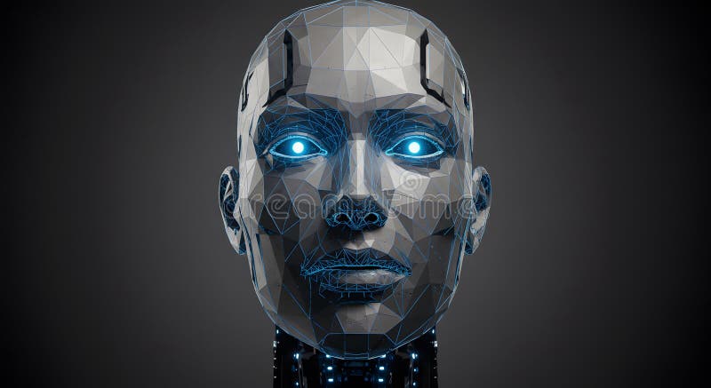 Robotic Face with Glowing Blue Eyes and Wireframe Stock Illustration ...
