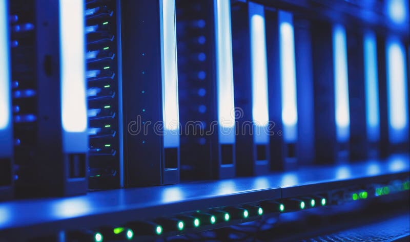 A Close-up of a Server Rack with Blue Lights Stock Image - Image of ...