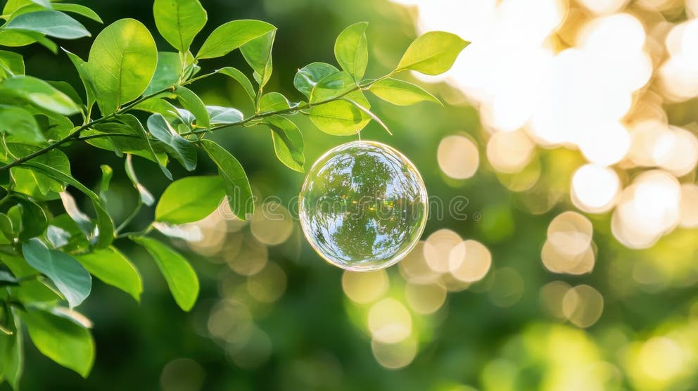 A Clear Glass Sphere with a Reflection of a Tree Hangs from a Branch ...