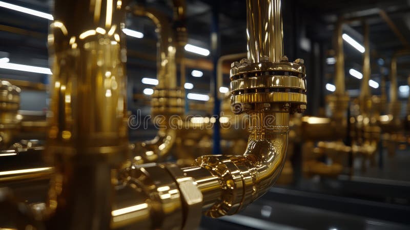 Golden pipes in a factory. stock image. Image of attention - 386253867