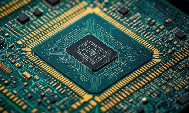 Close-up View Green Circuit Board with Yellow Markings, Featuring ...