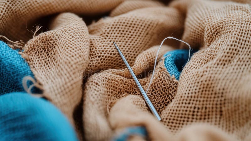 A Needle and Thread on a Piece of Burlap Fabric. Stock Image - Image of ...