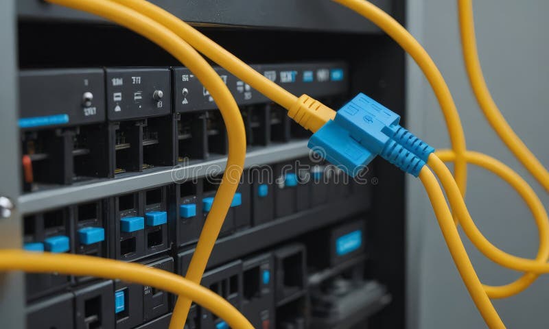 Network Yellow Cables Connects To Black Server Rack, with Blue ...