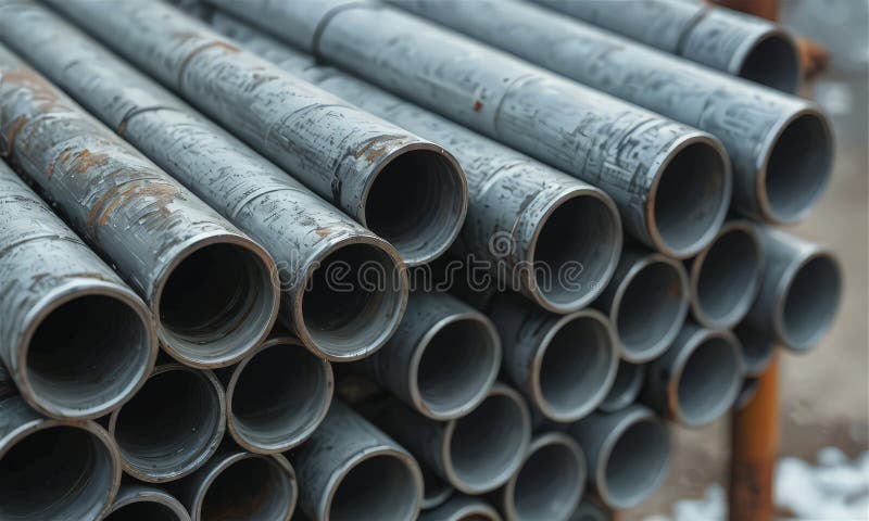 Stack Gray Metal Pipes with Visible Rust, Arranged in Pyramid-like ...