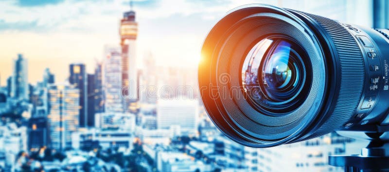 The Image Shows a Closeup of a Camera Lens Against a Cityscape Backdrop ...
