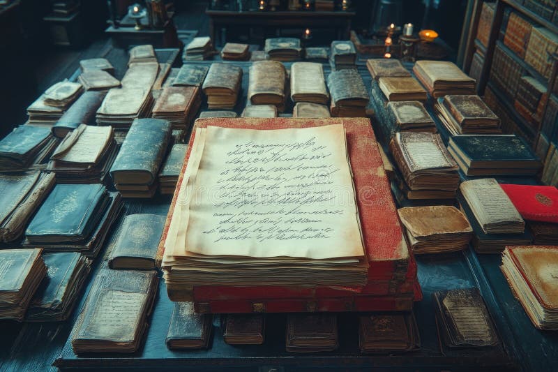 Ancient Manuscript and Stack of Vintage Books on Dark Wooden Table ...