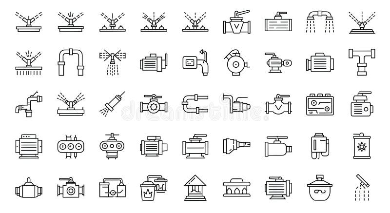 Collection of Plumbing and Irrigation System Icons, Black and White, Ai ...