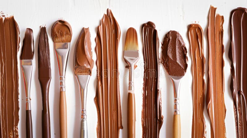 Several Brushes Lined Up, Each with Unique Shade of Brown Paint Stock ...