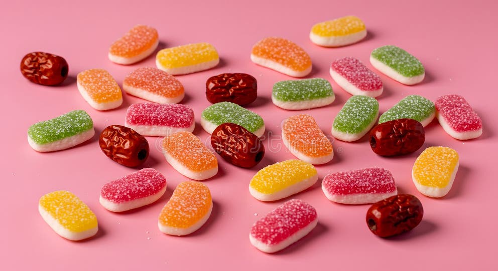 Colorful Gummy Candies and Dates on Pink Surface Stock Illustration ...