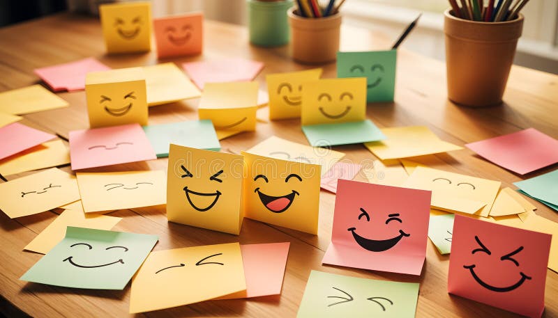 Colorful Emotional Sticky Notes on Wooden Desk Stock Illustration ...