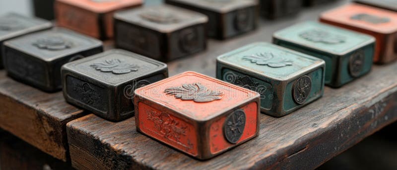 A Collection of Small, Square Boxes with Intricate Designs, Arranged on ...