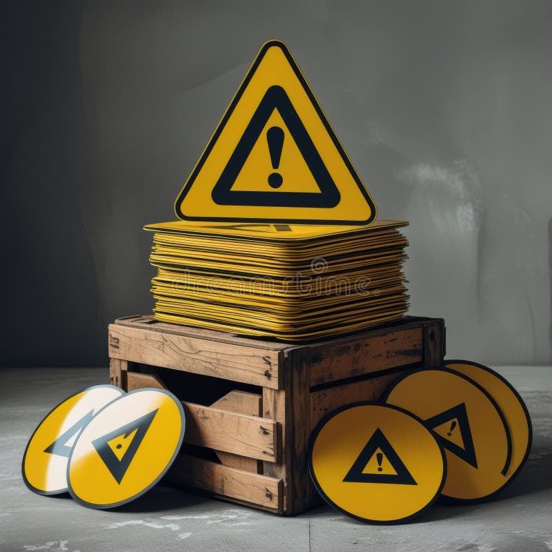 Warning Signs Stack on Wooden Crate Indoors Stock Illustration ...