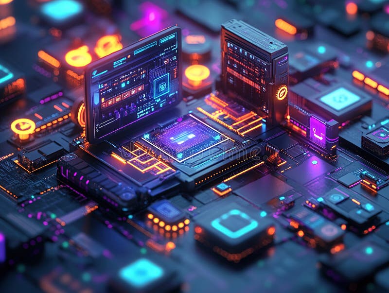 Image Shows a Colorful Motherboard with Processors, Memory Chips ...