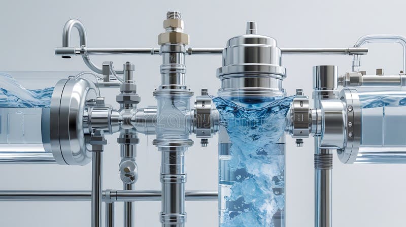 Transparent Pipes with Flowing Blue Water and Metallic Components ...