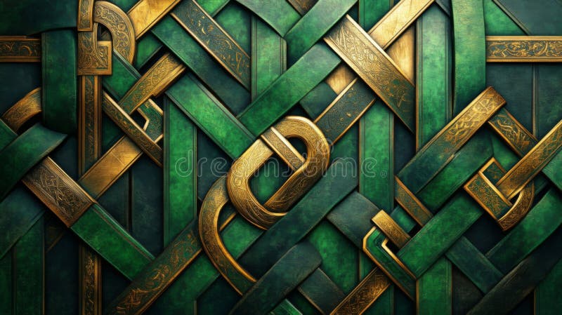 Intricate Green and Gold Woven Pattern Design Stock Illustration ...