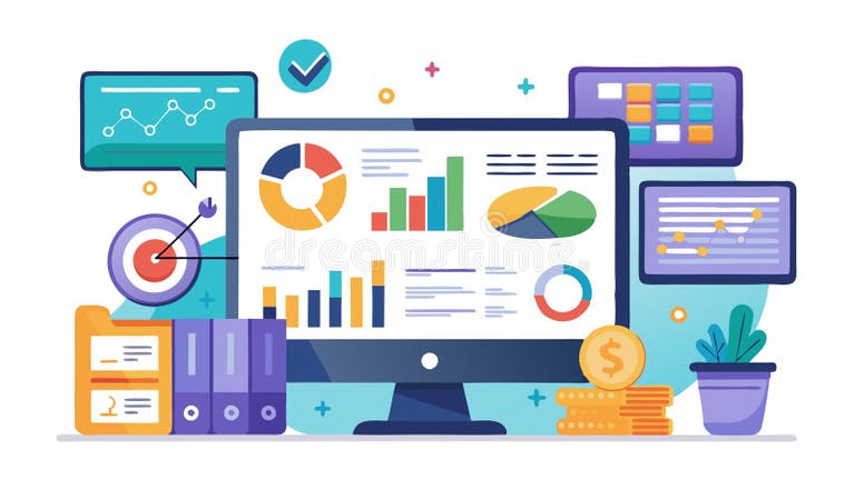 The Image Shows a Computer Screen with Various Graphs and Charts, Folders of Data, and Stacks of ...