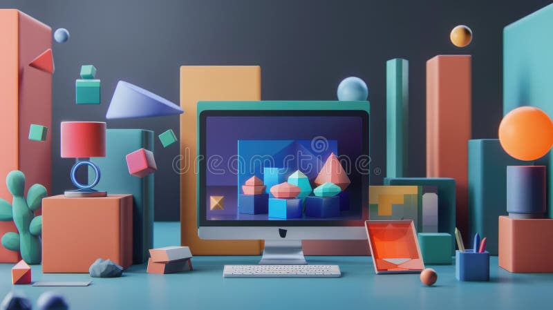 The Image Shows a Computer on a Table Stock Illustration - Illustration ...