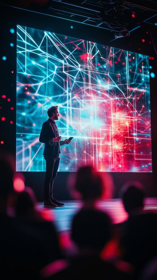 A Speaker Presents a Powerful Visual on Stage. the Backdrop Features ...