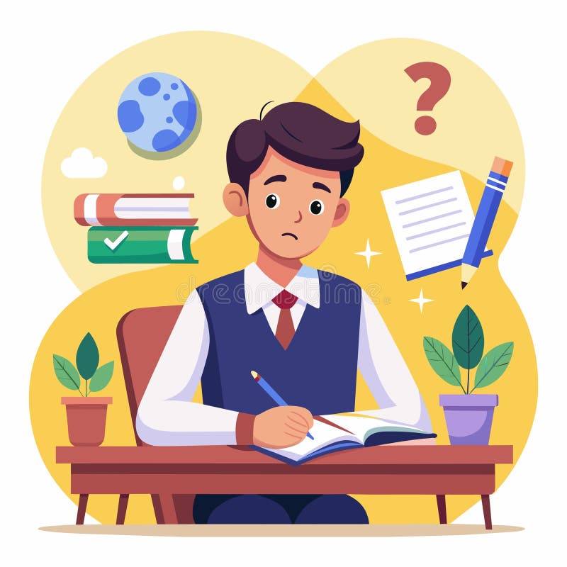 A Perplexed Student is Studying at a Desk with Books, Plants, and ...