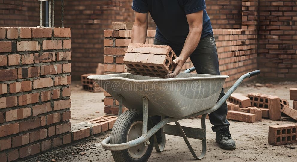 Bricklayer at Work: Placing Bricks in Wheelbarrow on Construction Site ...