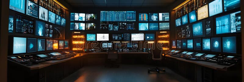 Control Room with Multiple Monitors and Control Panels Stock ...