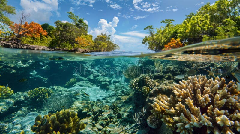 Underwater View of Coral Reef with Trees in Background Stock ...