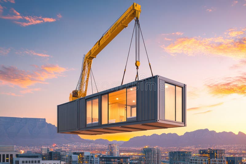 Crane Trucks Transporting Mobile Office Buildings for Construction Site ...