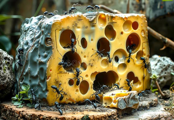 A Group of Ants on Top of a Piece of Cheese Stock Photo - Image of ...