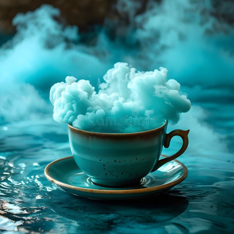 A Turquoise Teacup with Turquoise Steam Stands on a Glass Table Stock ...
