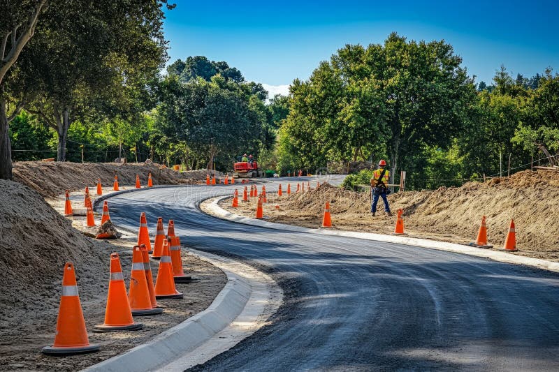 A Winding Road Under Construction Surrounded by Orange Cones. Workers ...