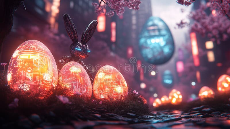 Cyberpunk Scene with a Robotic Bunny Next To Glowing Tech-themed Easter ...