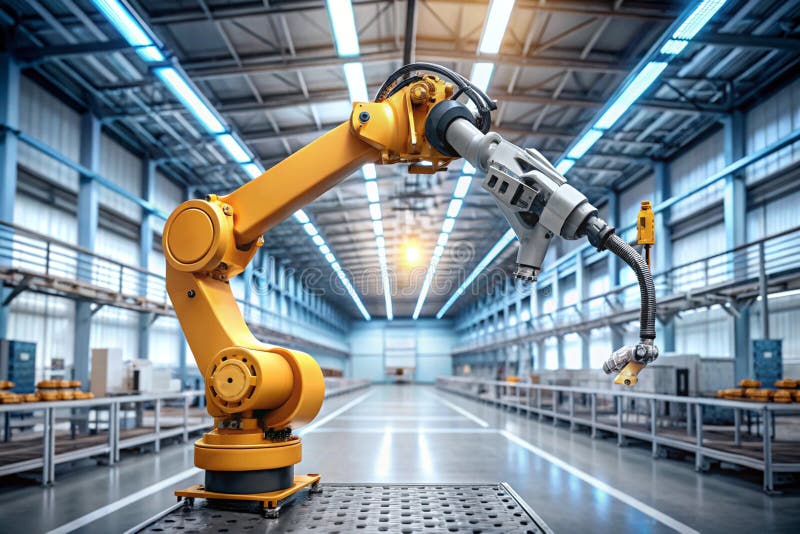 Robot Arm in Action: 3D Rendering in Factory Environment Stock ...