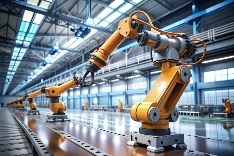 Robot Arm in Action: 3D Rendering in Factory Environment Stock ...