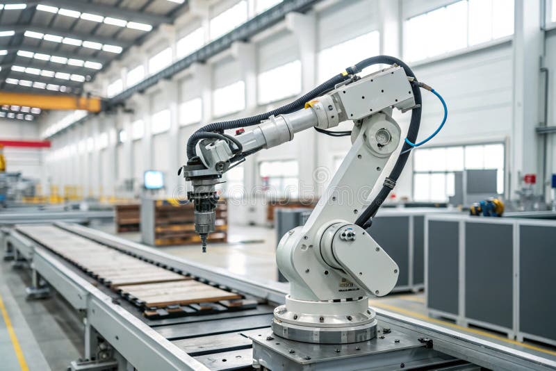 Robot Arm in Action: 3D Rendering in Factory Environment Stock ...