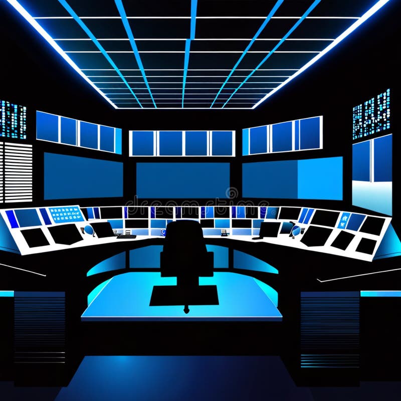 The Image Shows a Dark Control Room with Multiple Glowing Computer ...