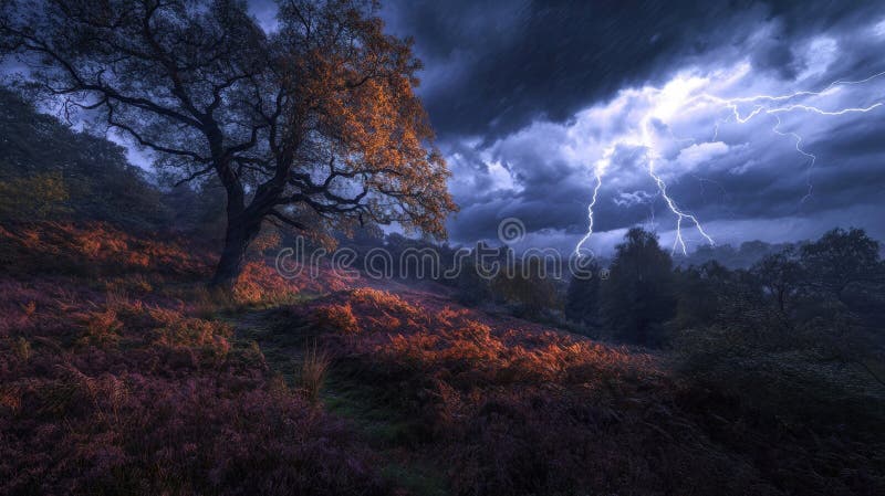 A Dark Landscape with Wild Trees Illuminated by Bright Lightning during ...