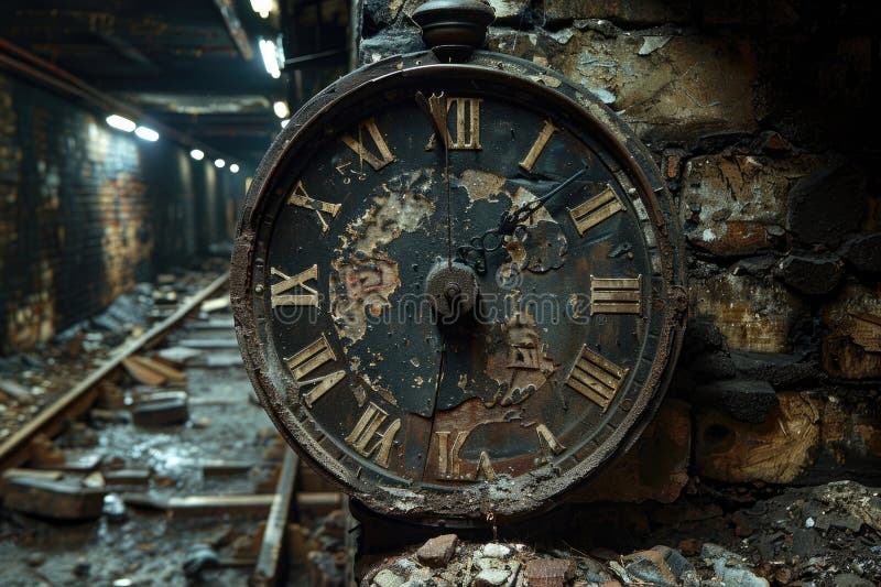 Antique Clock Face in Abandoned Railway Tunnel Stock Illustration ...