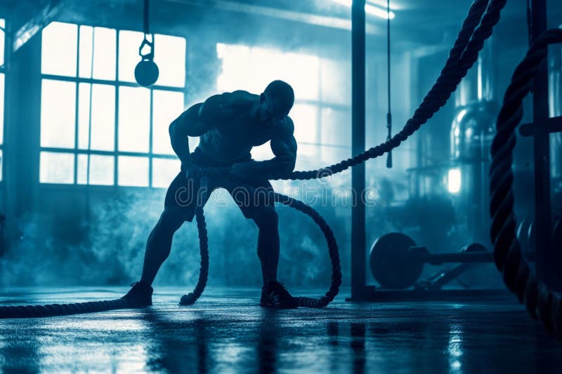 A Strong Athlete Works Hard in a Foggy Gym with Battle Ropes. the Blue ...
