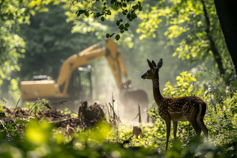 A Deer Stands Calmly in a Forest. in the Background, Heavy Machinery ...