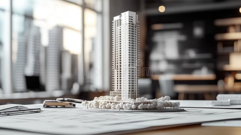 Skyscraper Model on Architectural Blueprints in Office Stock Image ...