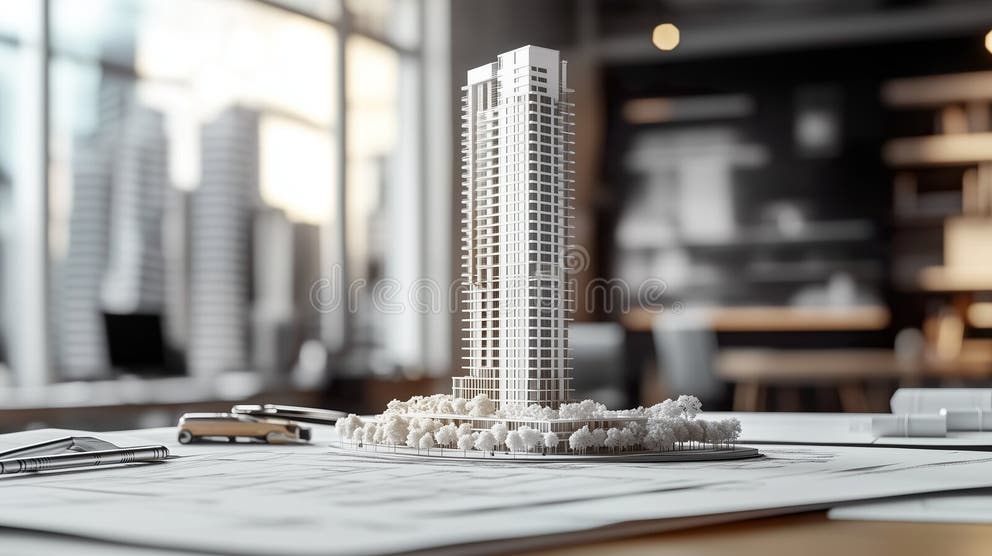 Skyscraper Model on Architectural Blueprints in Office Stock Image ...