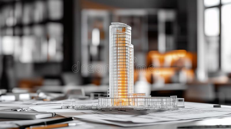 Skyscraper Model on Architectural Blueprints in Office Stock Photo ...