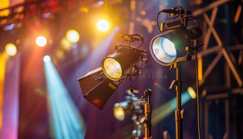 The Image Shows a Detailed View of Multiple Stage Lights Casting Light ...