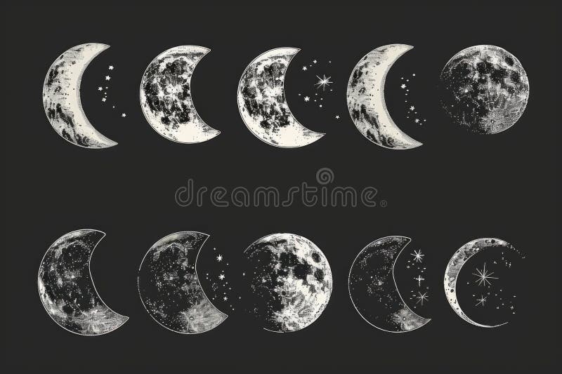 Image Shows the Different Phases of the Moon on a Dark, Black ...