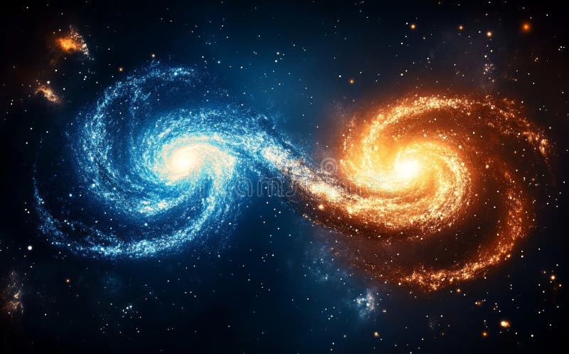 The Image Shows a Double Galaxy and a Cluster of Stars in Deep Space, a ...