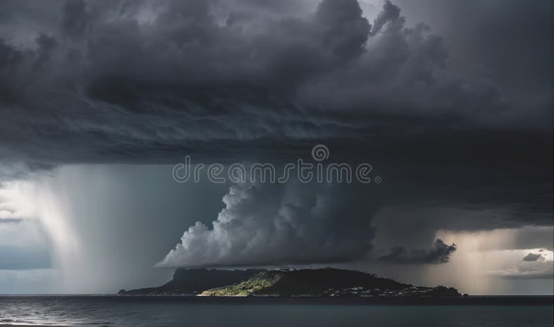A Dramatic Storm Rages Over a Small Island Off the Coast, Creating a ...