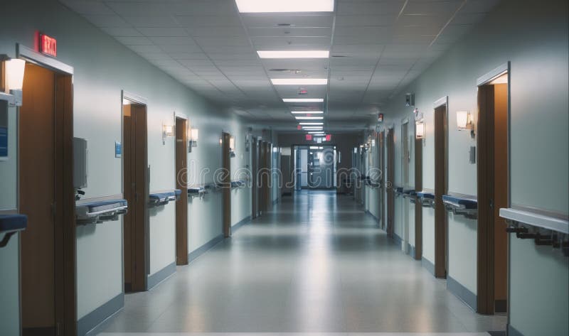 A Long Hospital Hallway with Rows of Doors and Handrails is Empty Stock ...