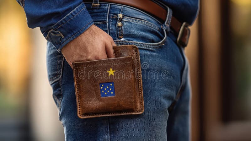 EU Wallet: Man S Denim Pocket Holds a Brown Leather Wallet Featuring ...